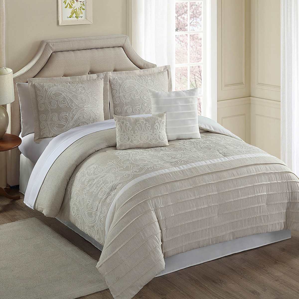 6 Piece Natural Glorious Linen Blend Embroidered Comforter Set King