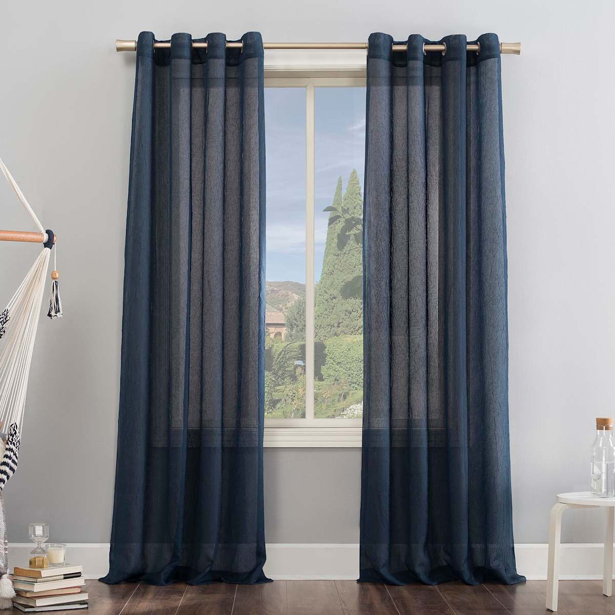 Navy Blue Grommet Curtain Panels Farmhouse Ombre Stripe Grommet Sheer