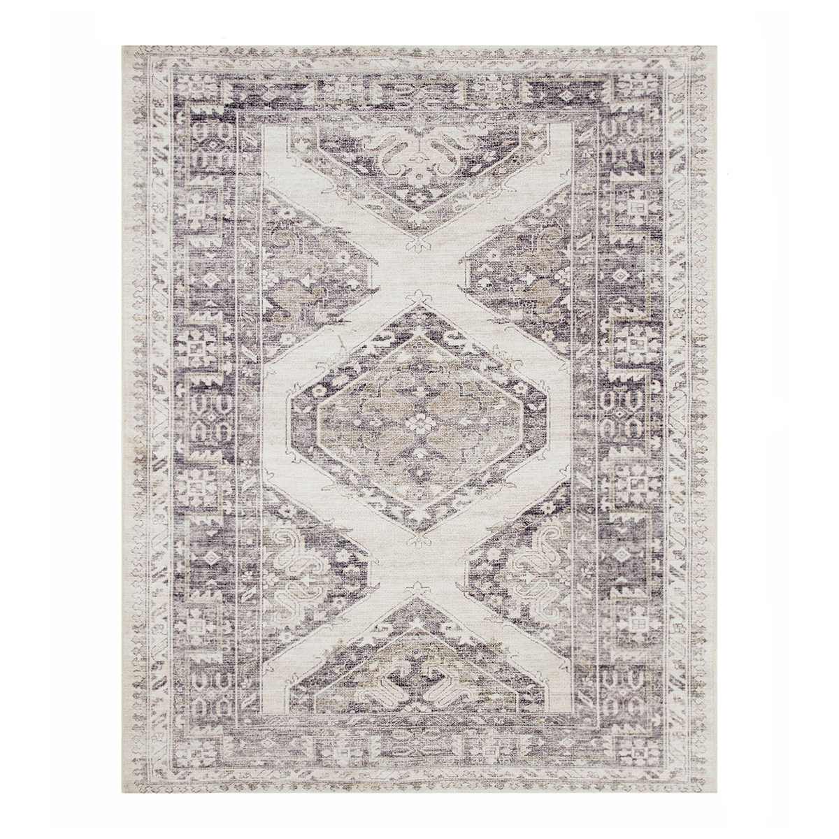 B829 Grey White Floral Washable Area Rug 8x10