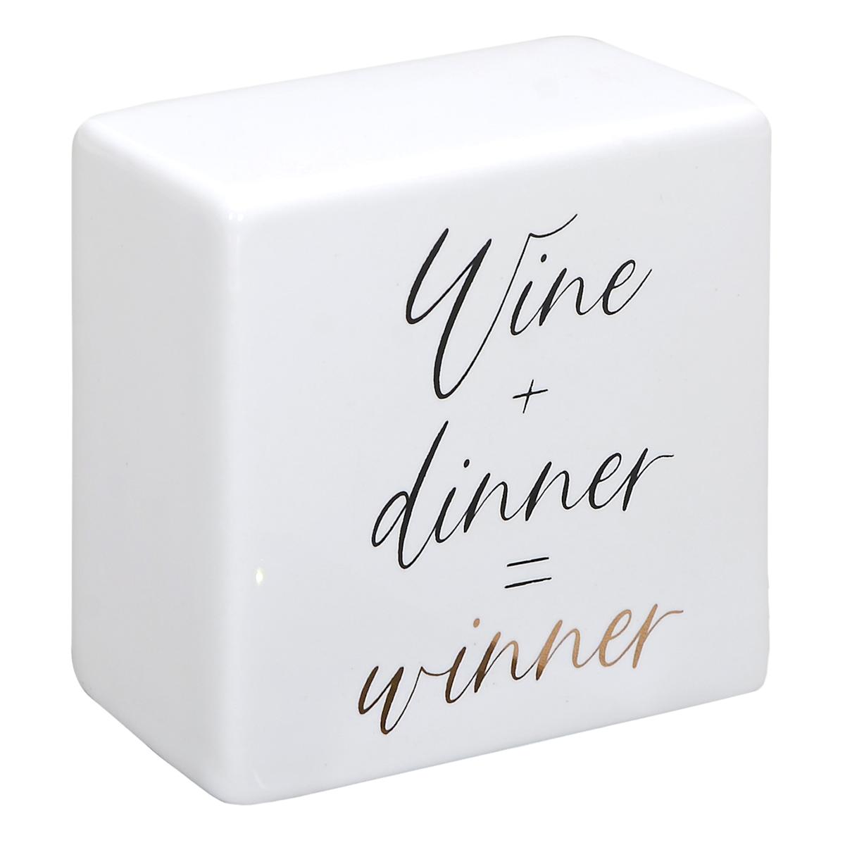 Wine Dinner Winner White Ceramic Block Sign, 4"