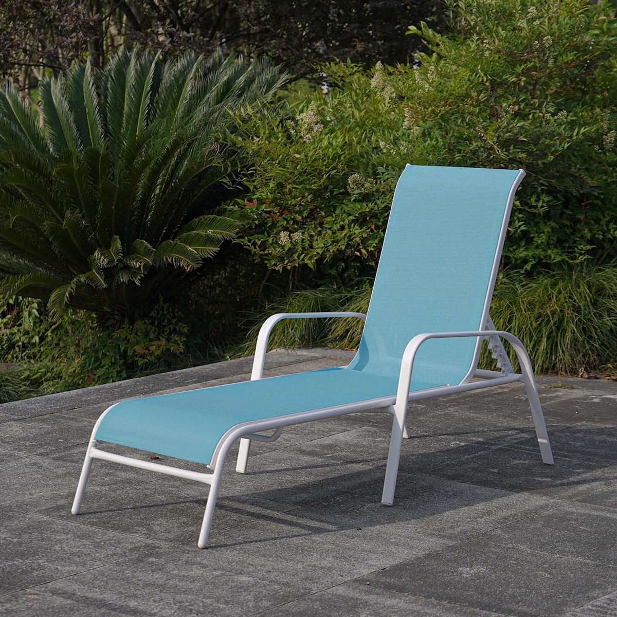 Stackable Aquarelle Blue Sling Patio Chaise Lounge Chair with White Frame At Home