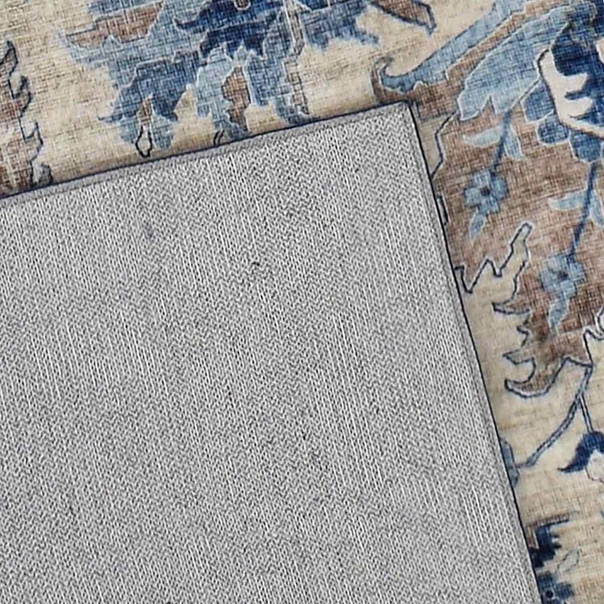 (B876) Dove Ivory & Blue Medallion Washable Area Rug, 5x7