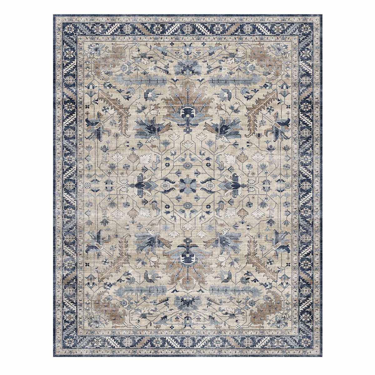 (B876) Dove Ivory & Blue Medallion Washable Area Rug, 8x10