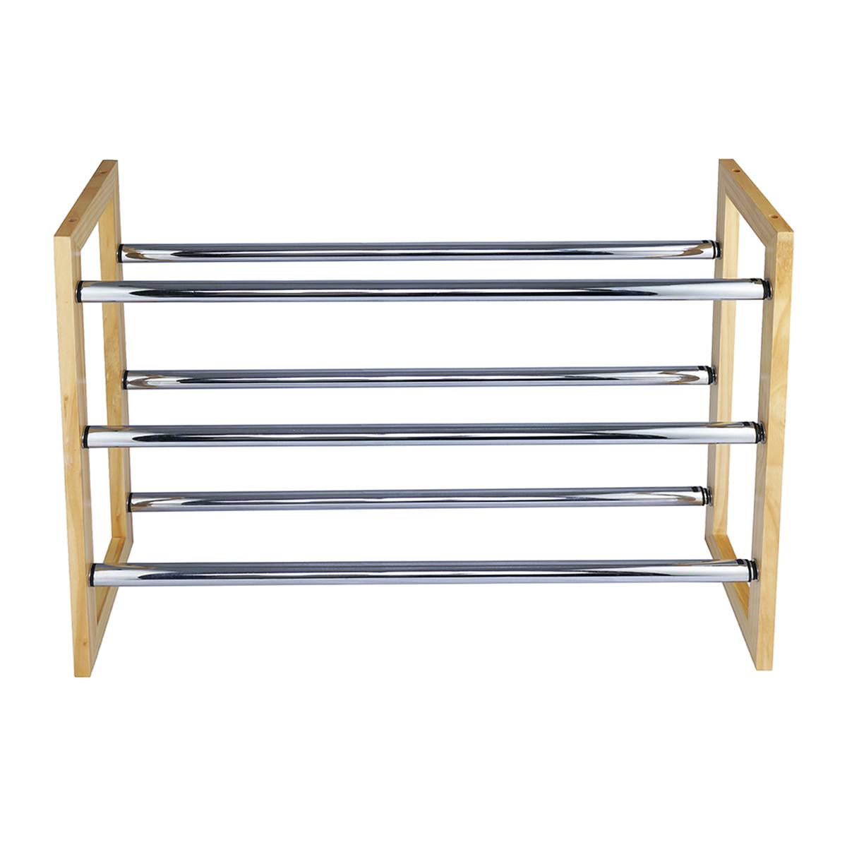 3-Tier Bamboo & Silver Expandable Shoe Rack