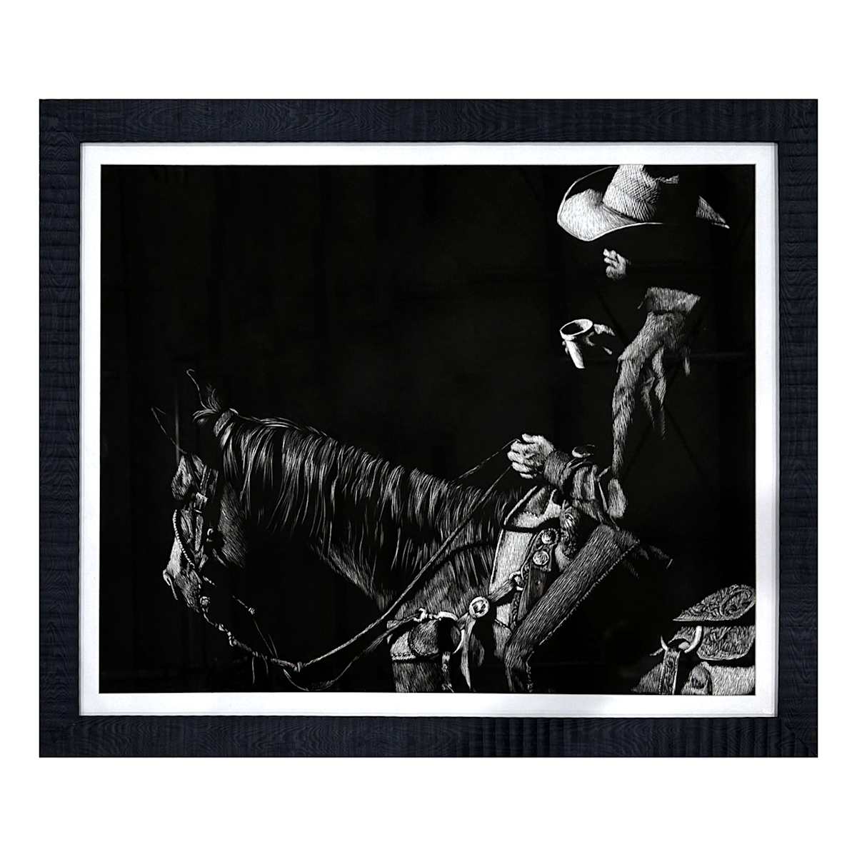 Glass Framed Cowboy Scratchboard I Paper Print Wall Art, 30.8x24.8