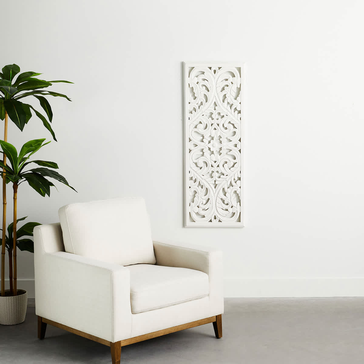 White Hand Carved Wooden Panel Baroque Wall Decor, 18x48