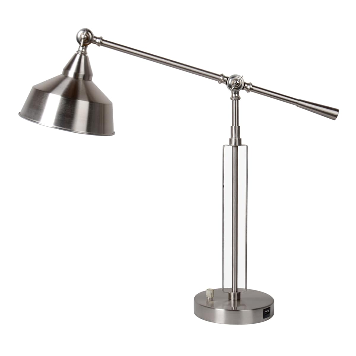 Silver Metal Adjustable Desk Lamp with USB, 25"