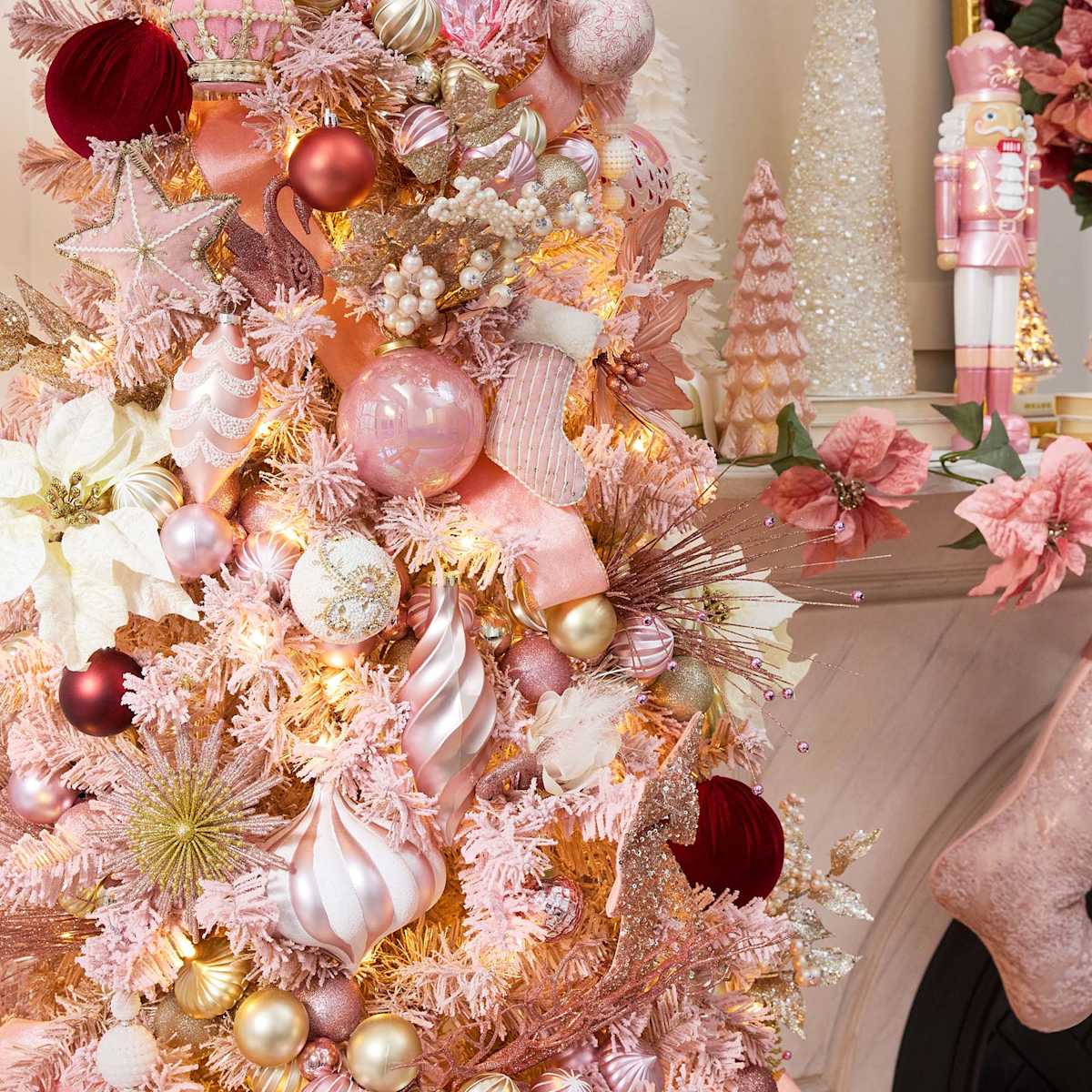 Pre Lit LED Flocked Rose Gold Tinsel Christmas Tree 7 At Home