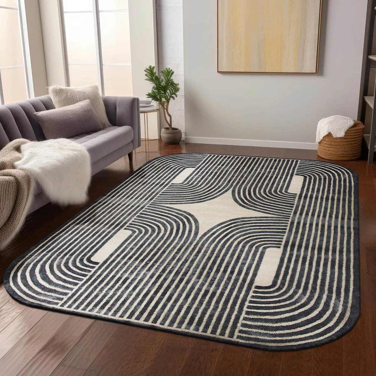 Black & Beige Oval Geometric Area Rug | At Home