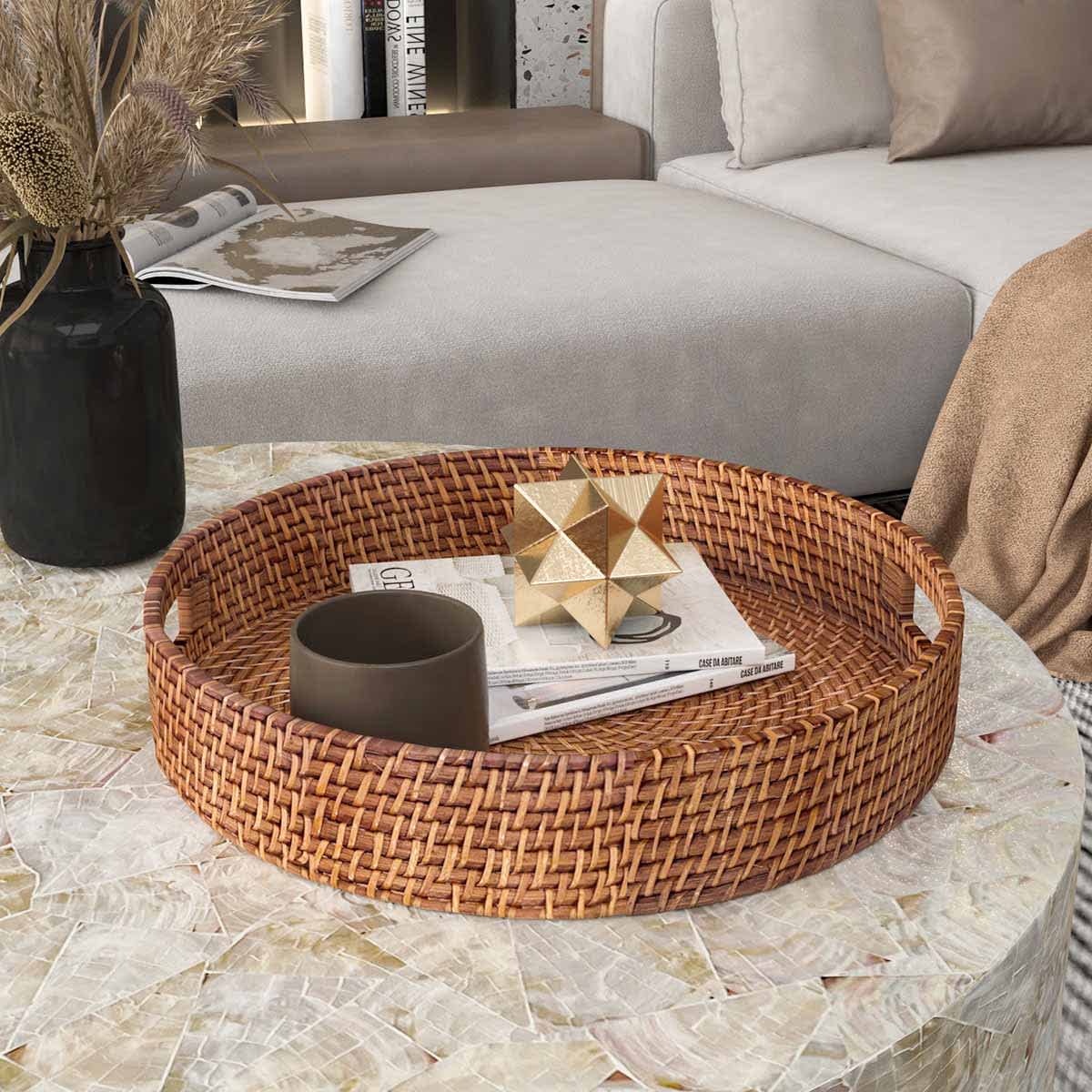 Brown Round Rattan Tray, 17.3"