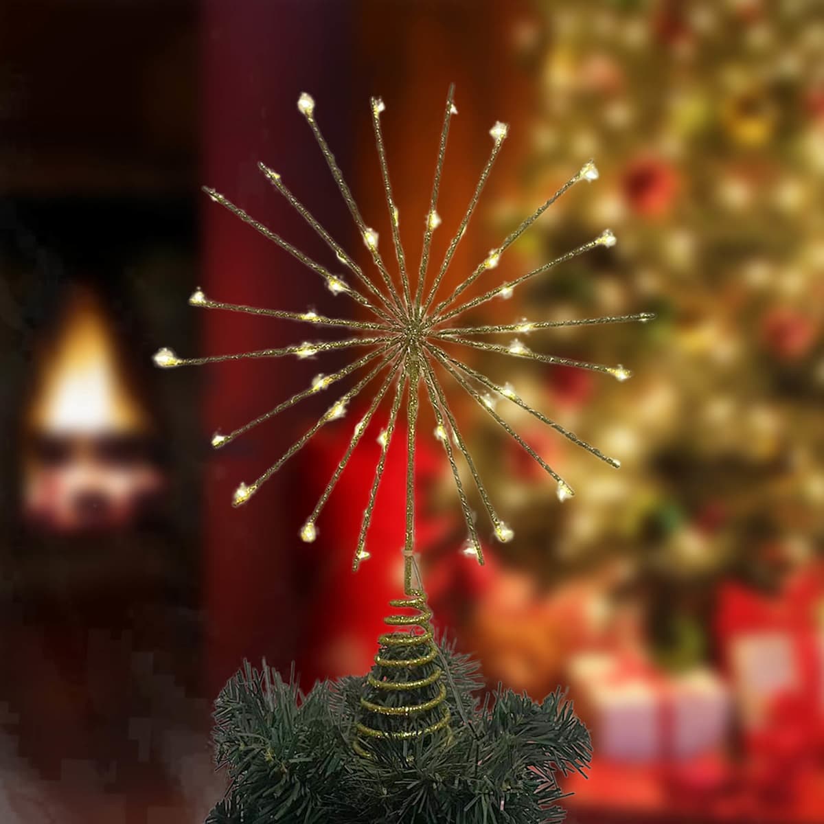 Pre-Lit Gold Metal Starburst Tree Topper 12in | Christmas Indoor ...