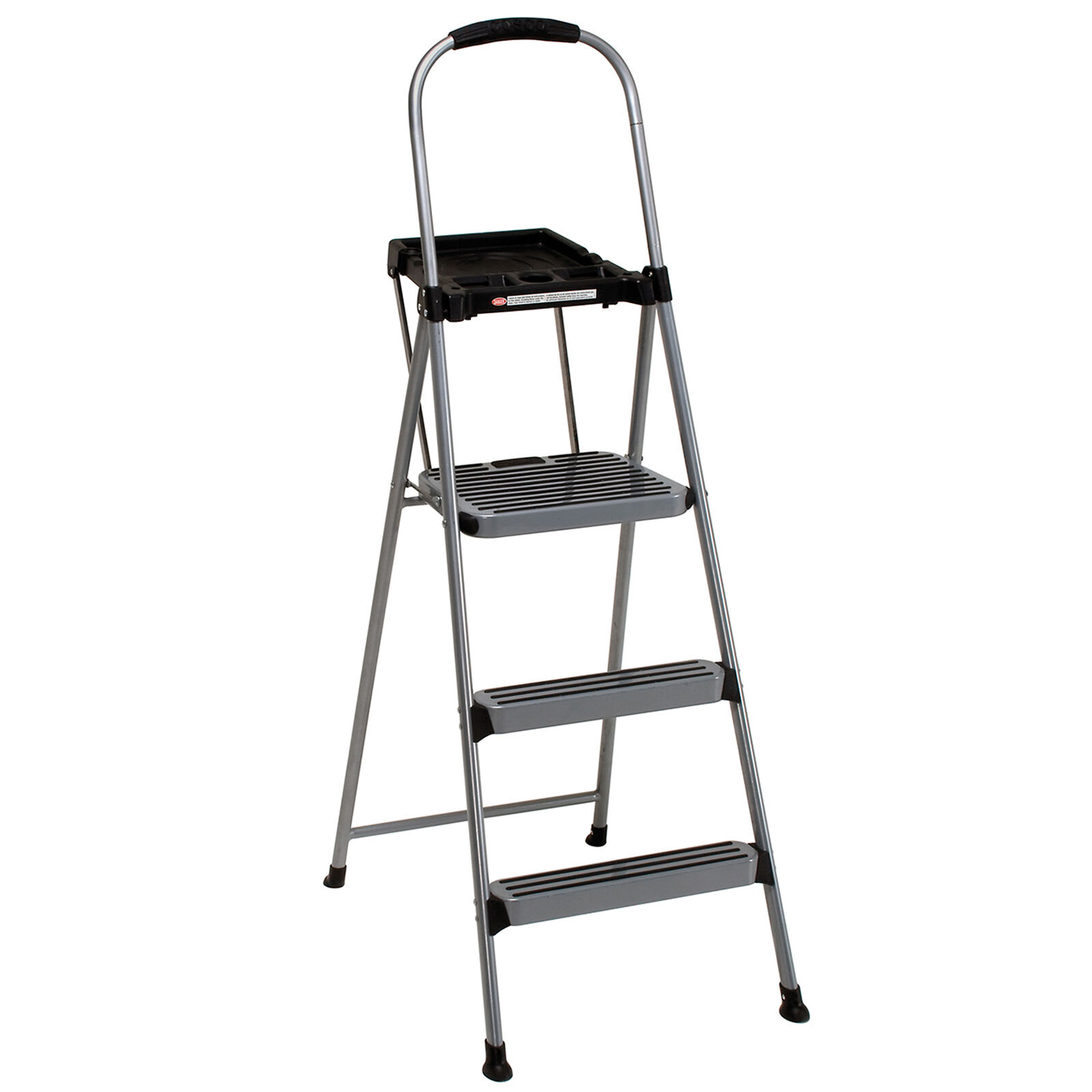 3-Step Grey Metal Step Ladder with Tray