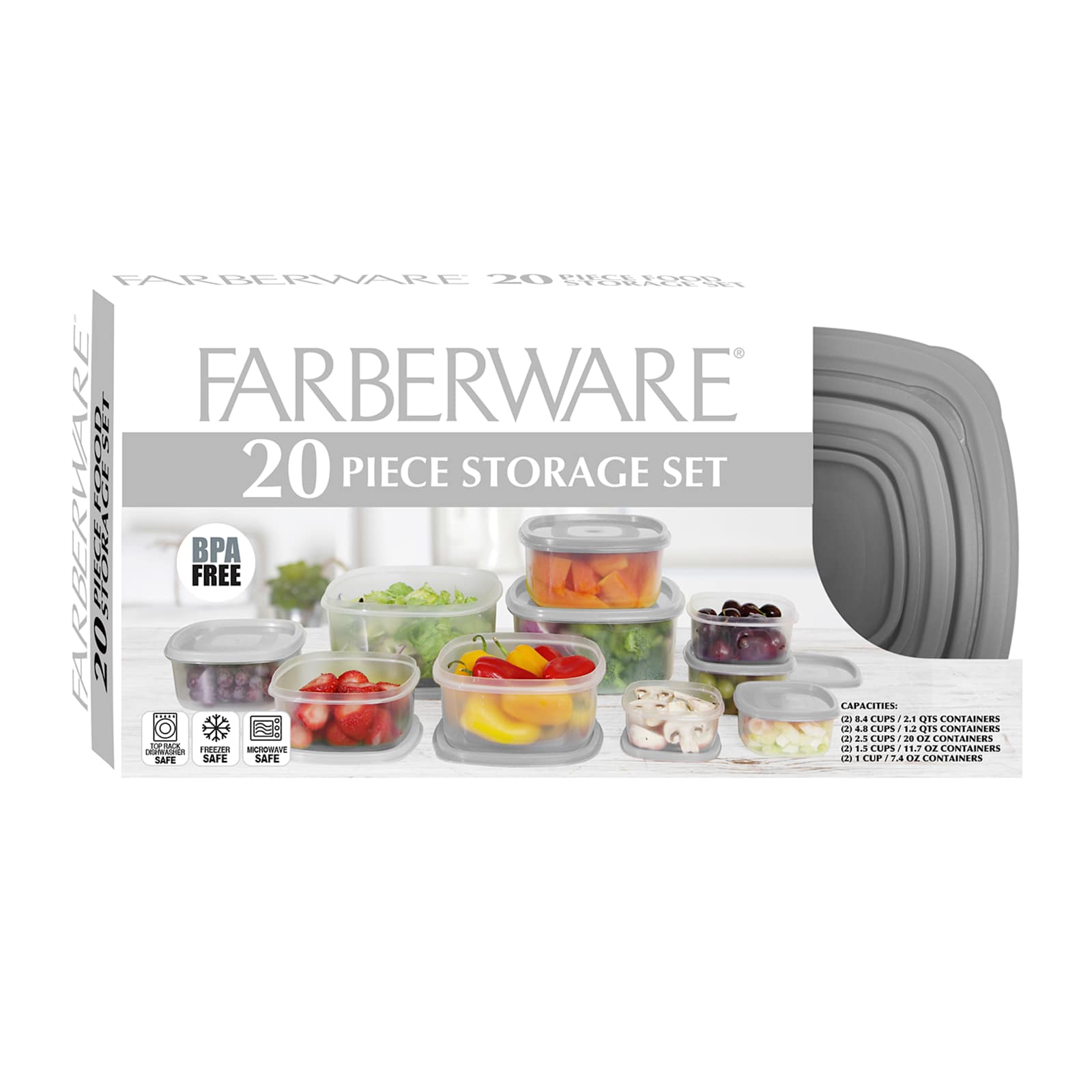 Farberware 20-Piece Square Food Storage Set with Light Grey Lids