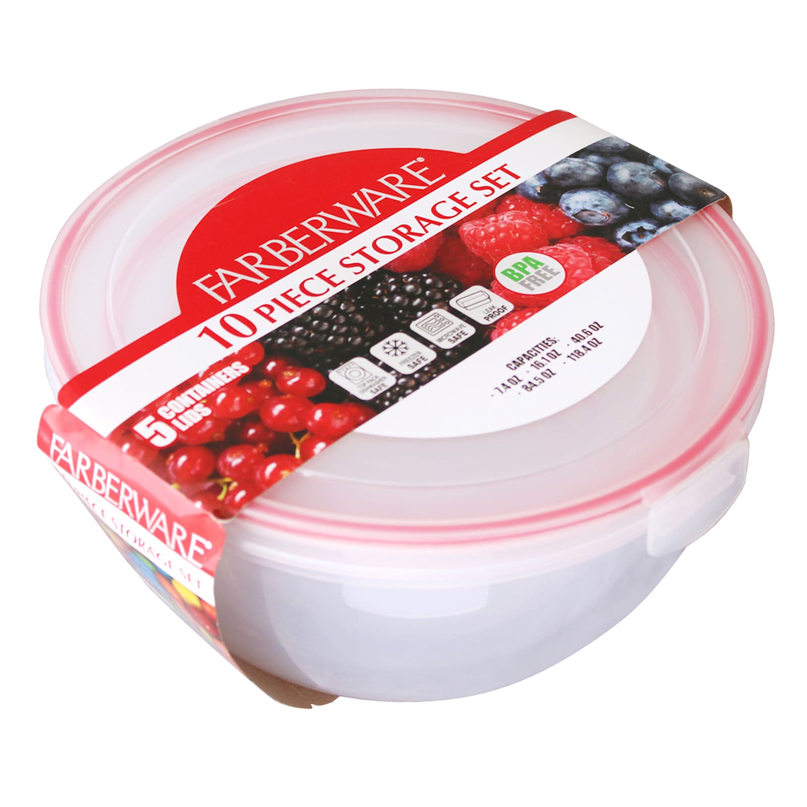 Farberware 10-Piece Round Food Storage Container Set, Red