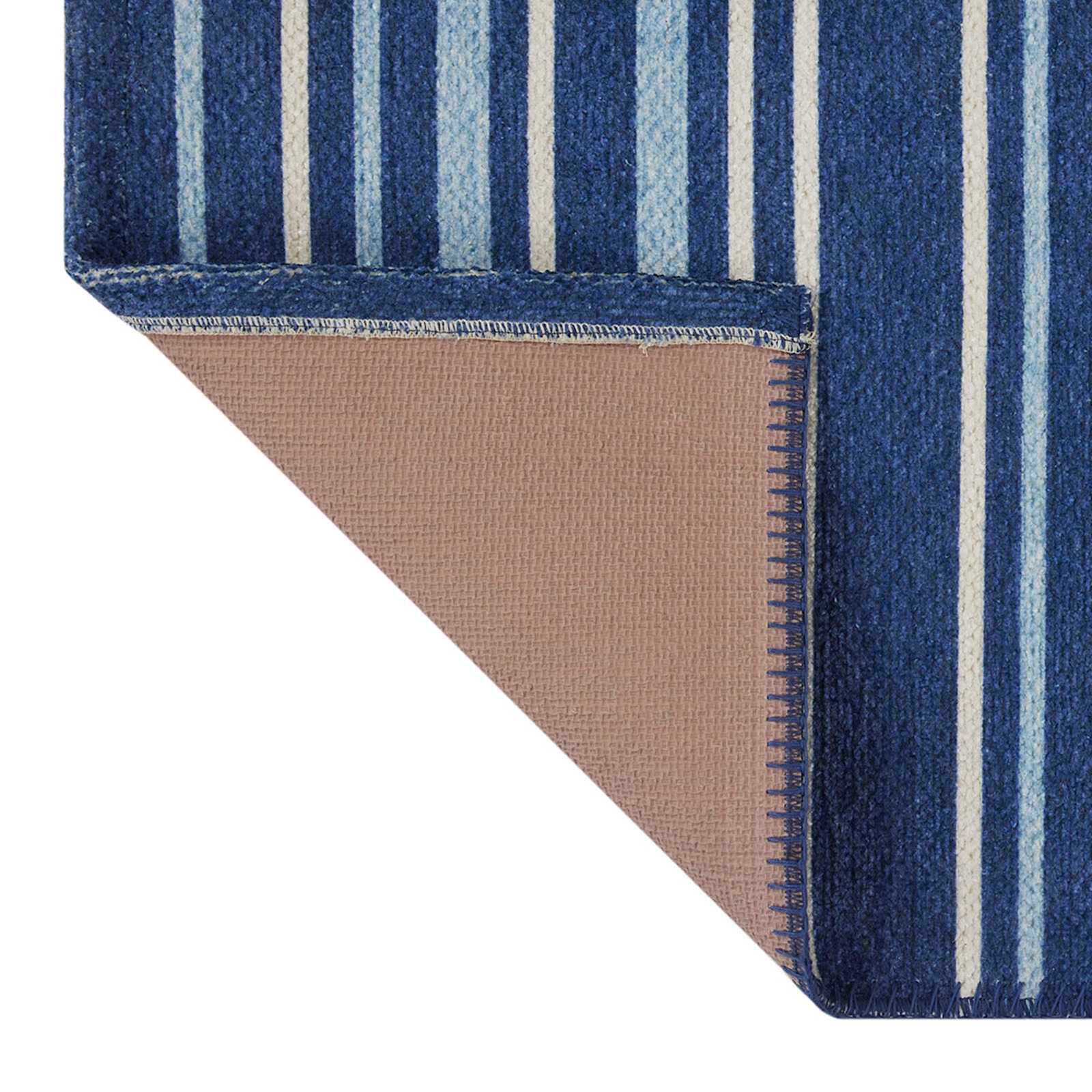 Bistro Blue Striped Washable Kitchen Runner with Gelback, 2x5