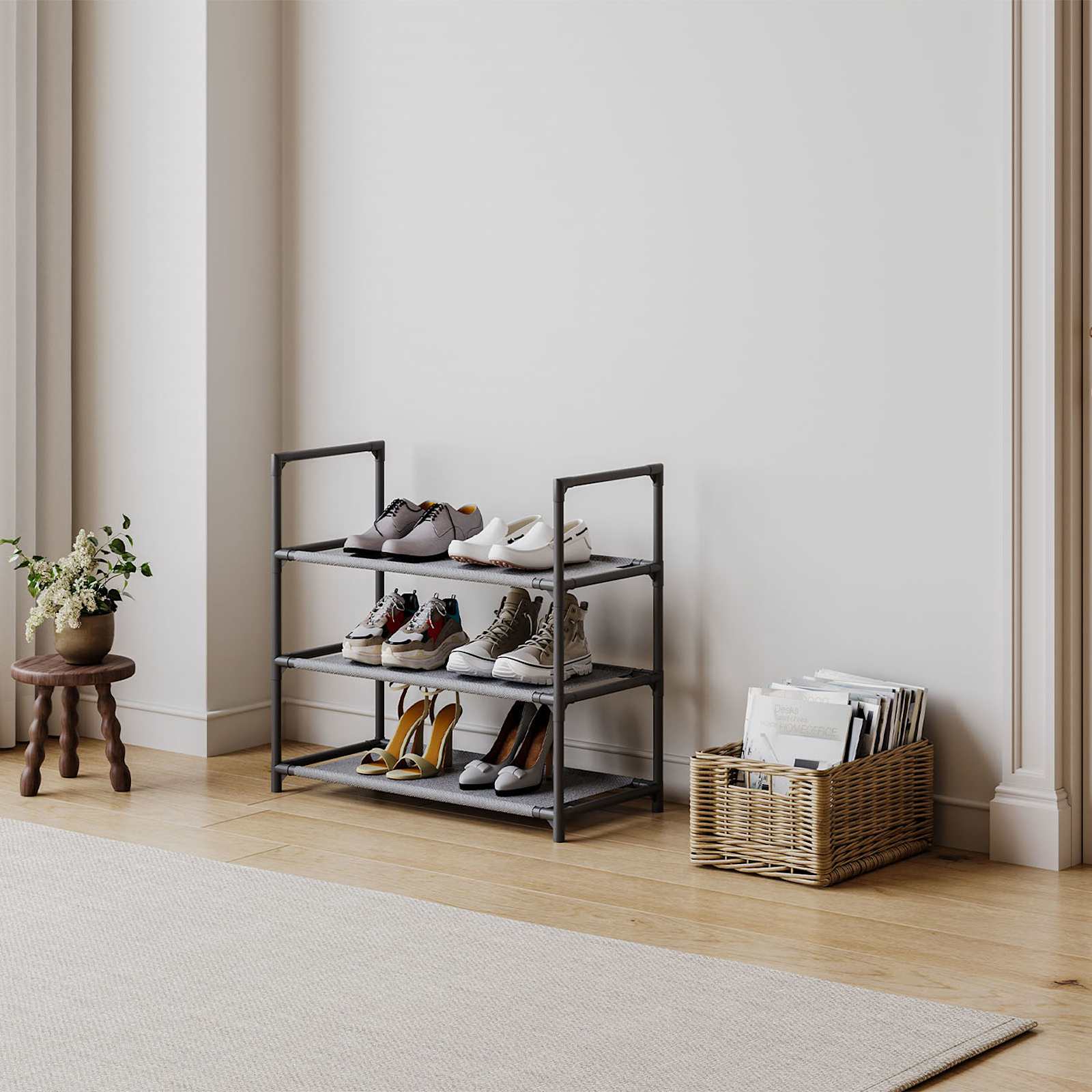 3-Tier Multi-Use Stackable Shoe Rack, Grey