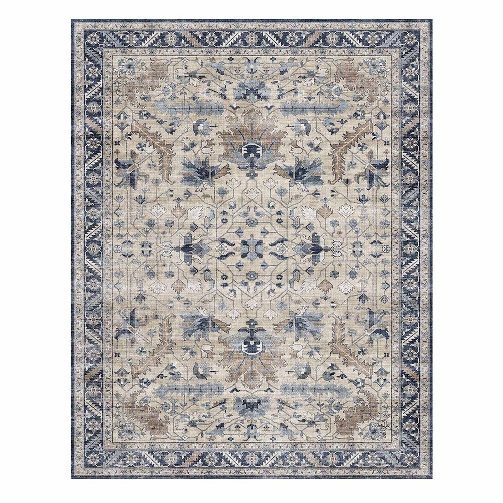 (B876) Dove Ivory & Blue Medallion Washable Area Rug, 8x10