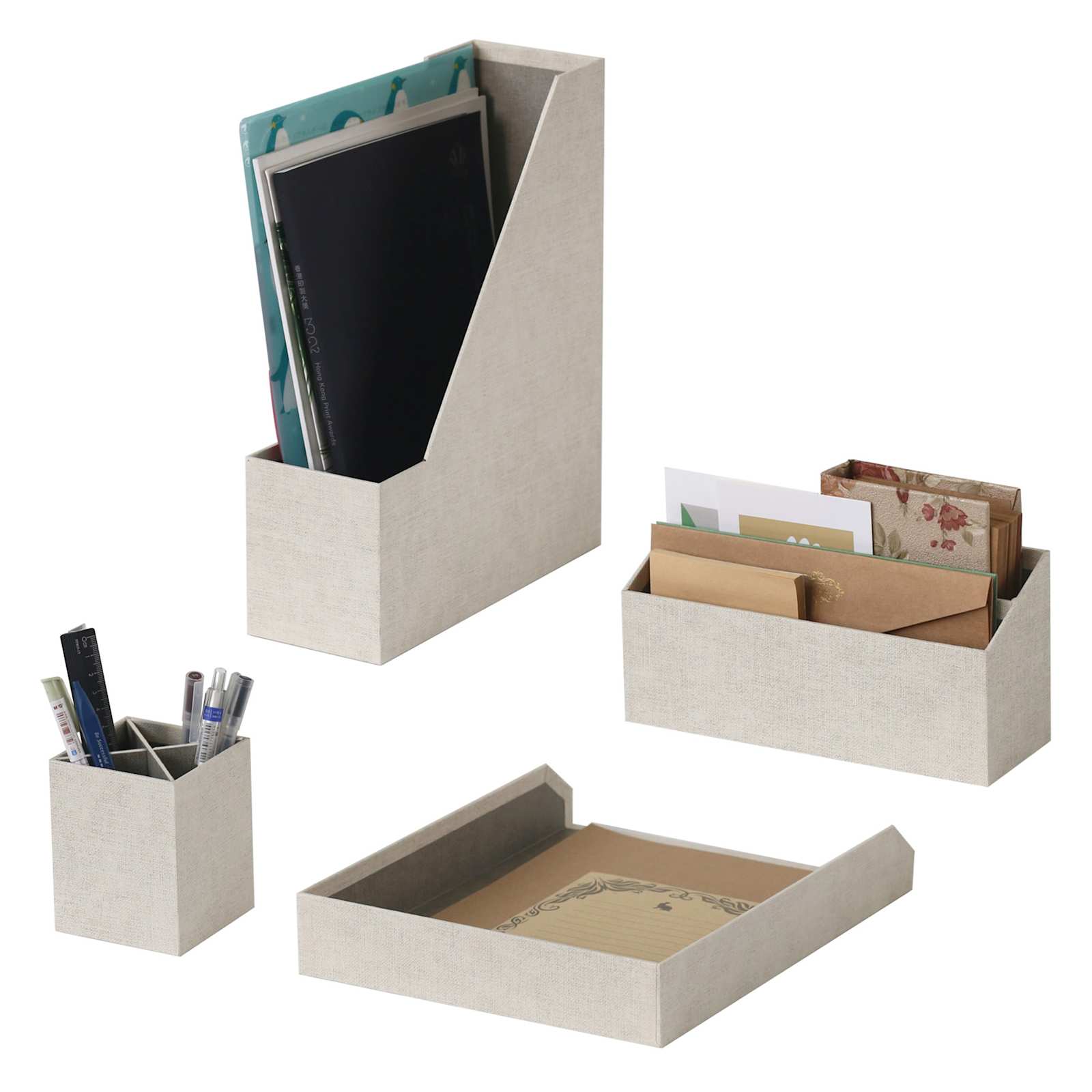 4-Piece Linen Paper Office Set, Taupe