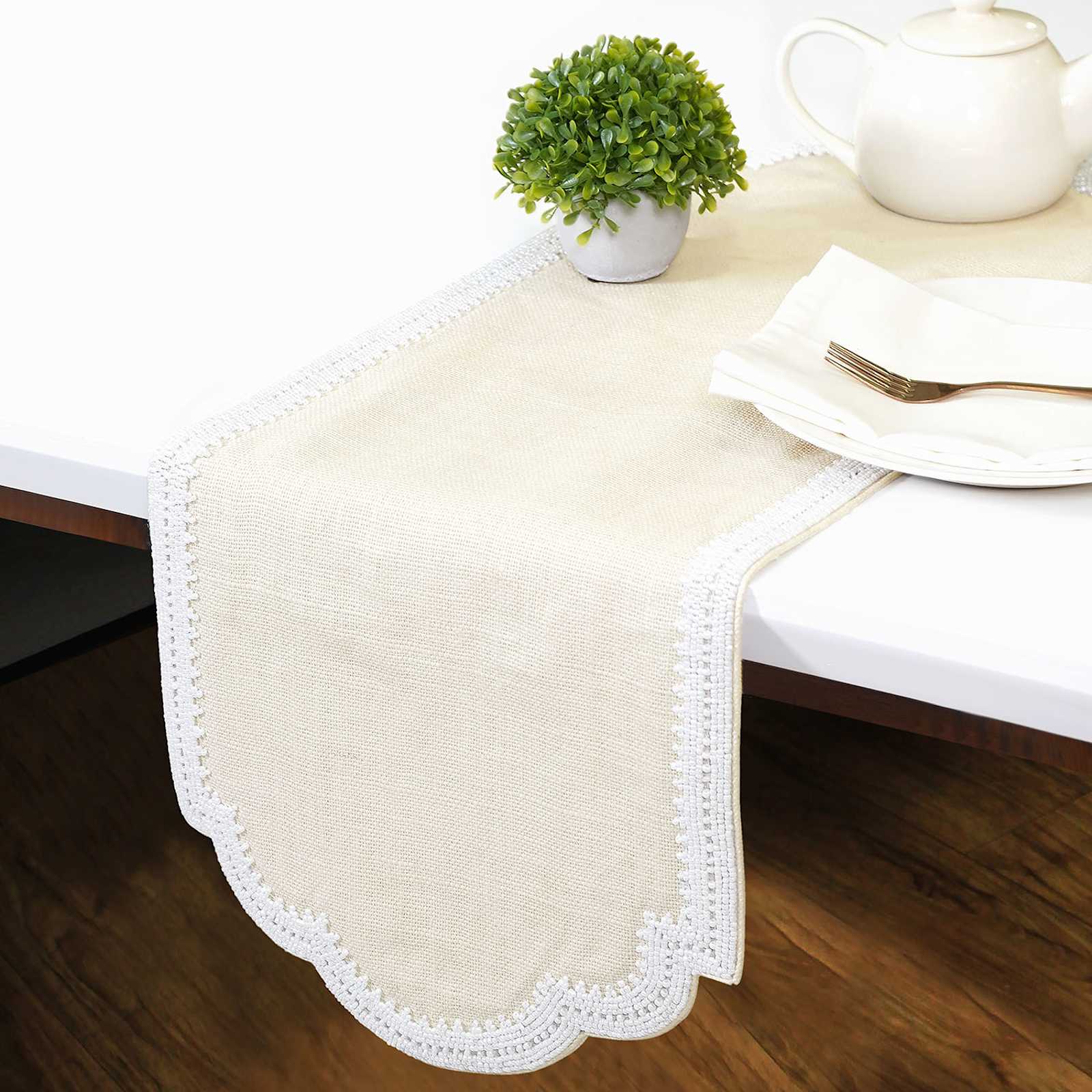 Natural Jute Table Runner with White Beaded Scalloped Edge, 36x13