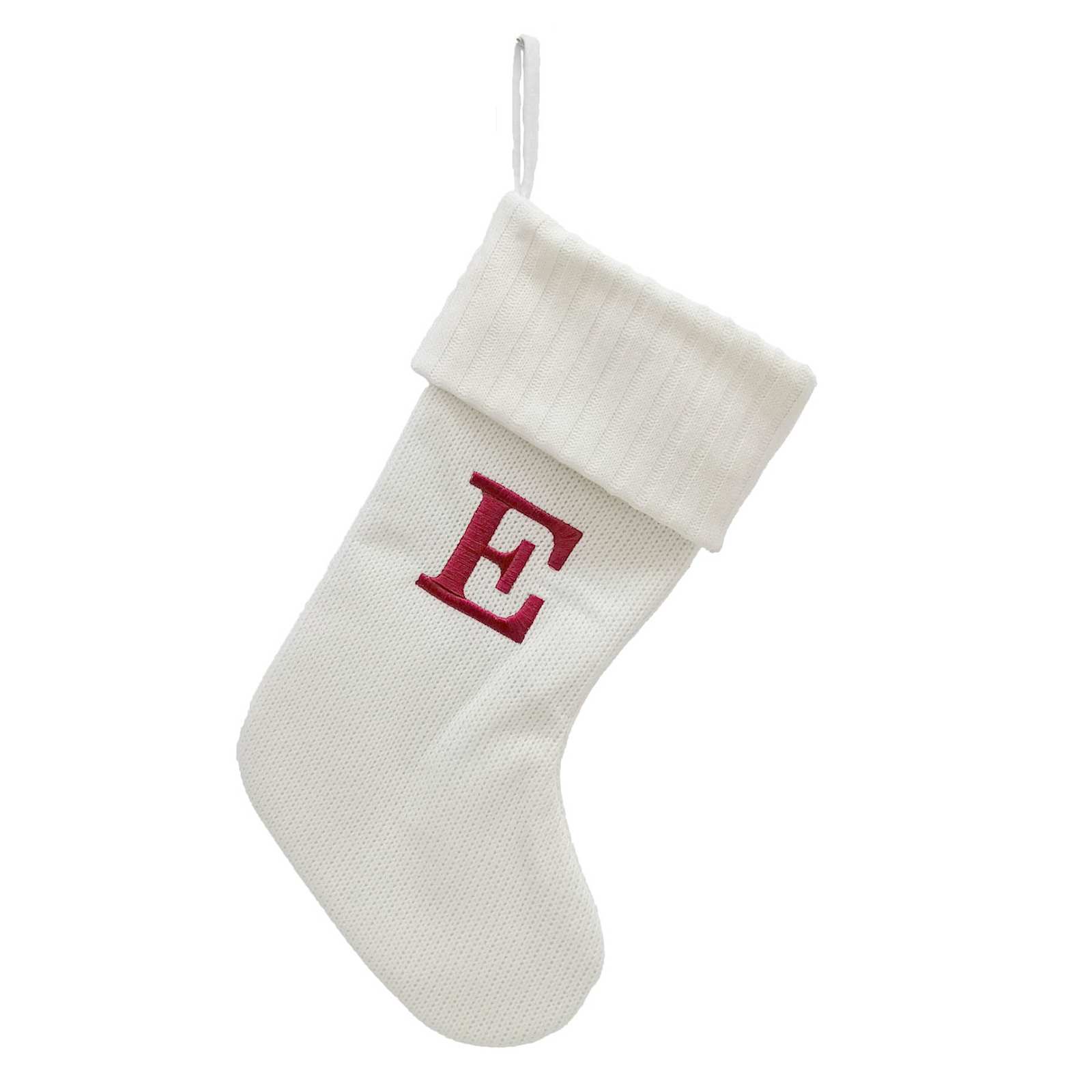 White Knit Monogram E Stocking, 19"
