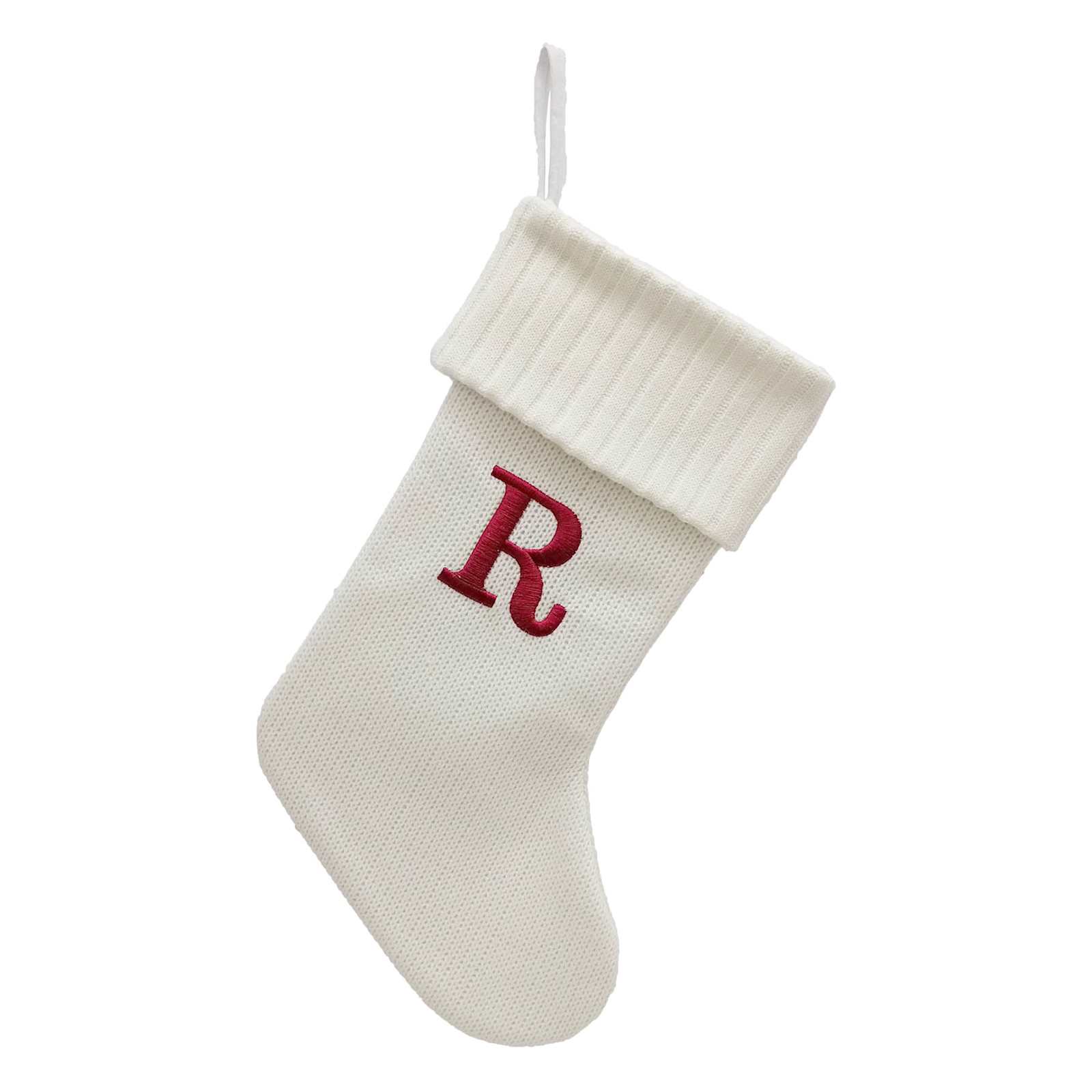 White Knit Monogram R Stocking 19in | Christmas Indoor Decoration | At Home