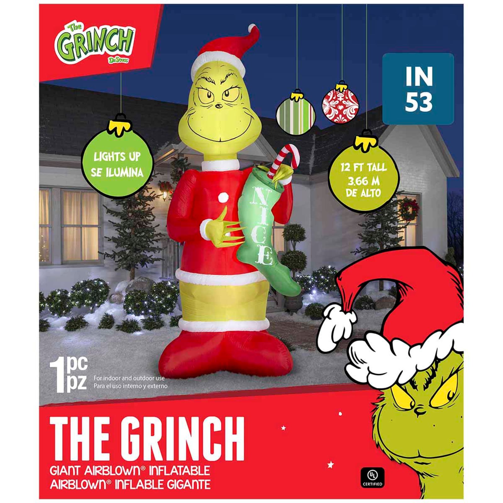 Inflatable Grinch with Stocking, 12'