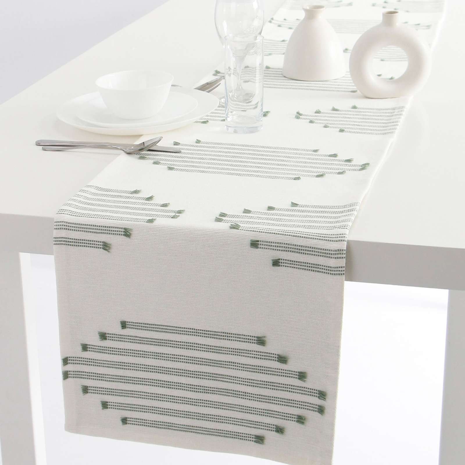 Ivory Table Runner with Green Broken Stripes Design, 14x72