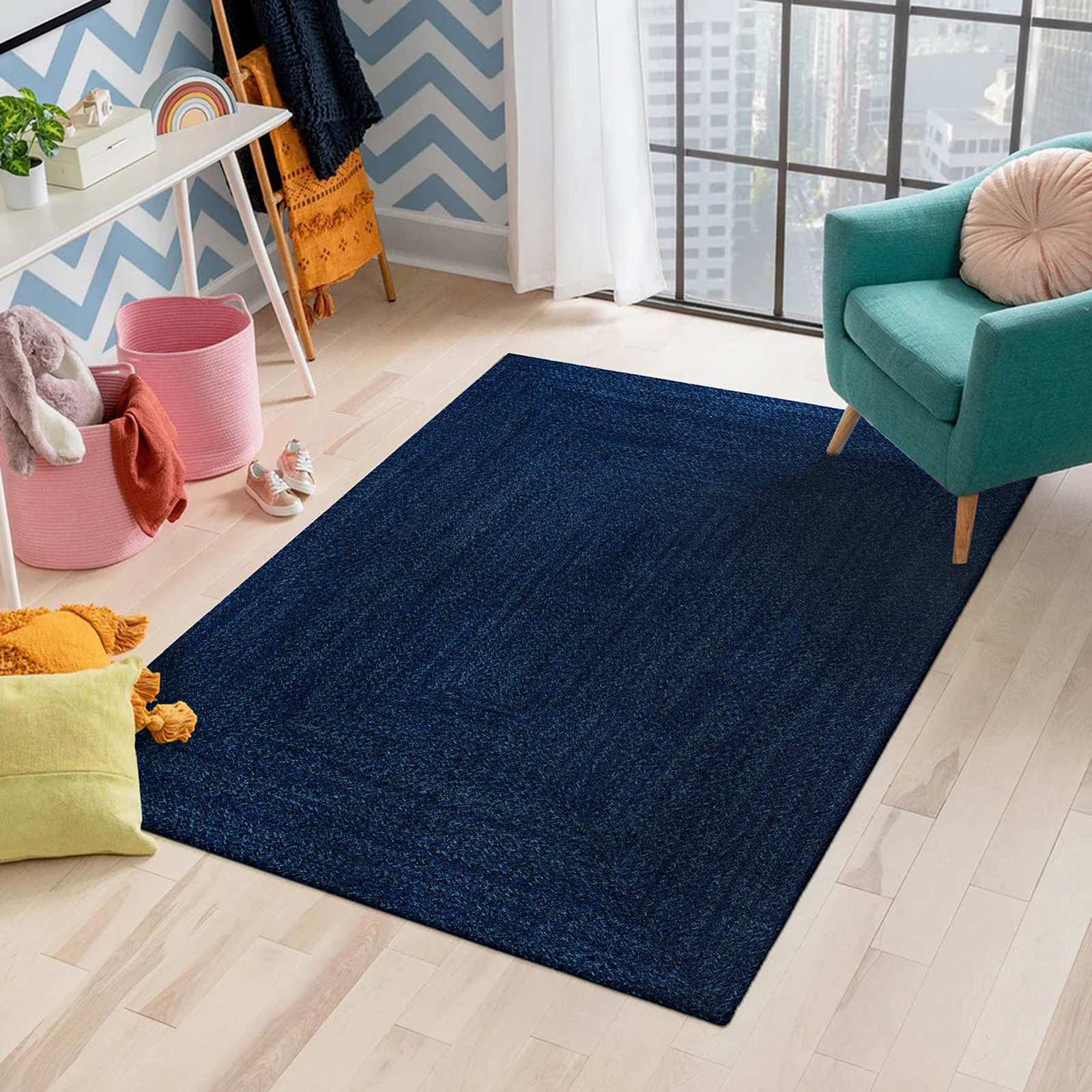 Navy Blue Braided Chenille Accent Rug, 4x6