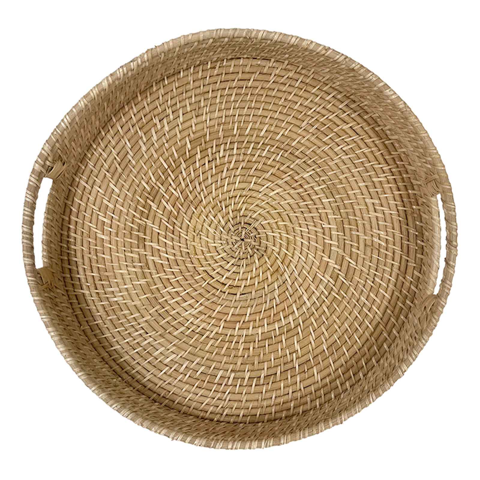 Tan Round Rattan Tray, 17.3"