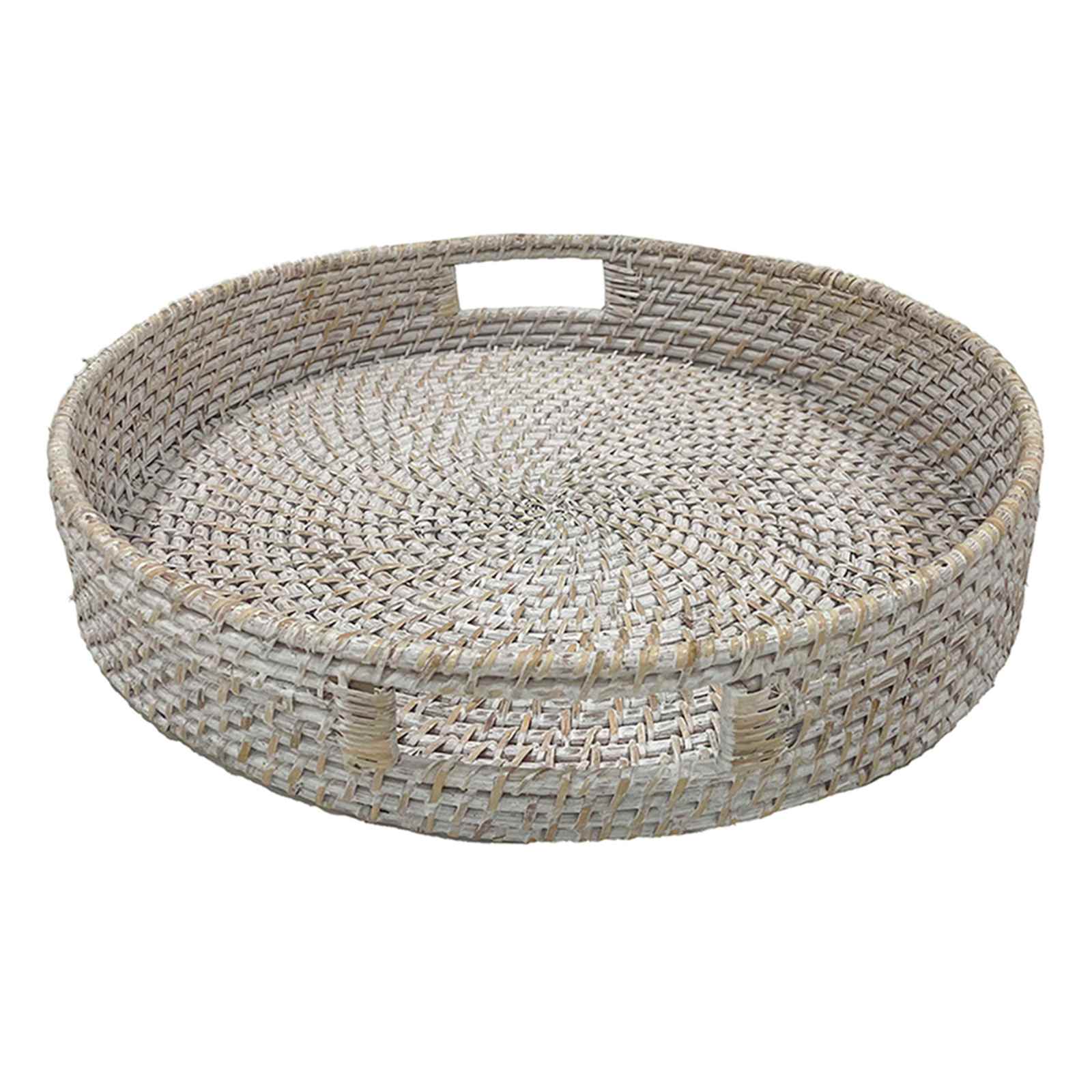 White Round Rattan Tray, 17.3"