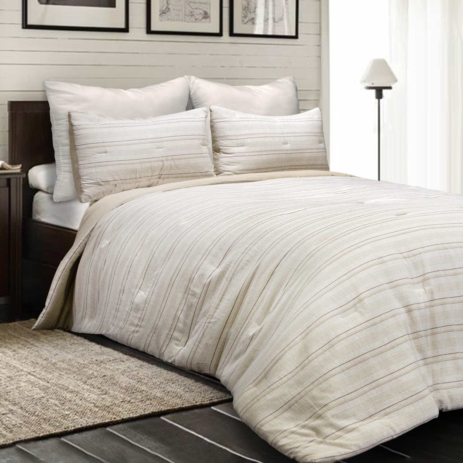 Honeybloom 3-Piece Neutral Yarn Dye Striped Comforter Set, Full/Queen