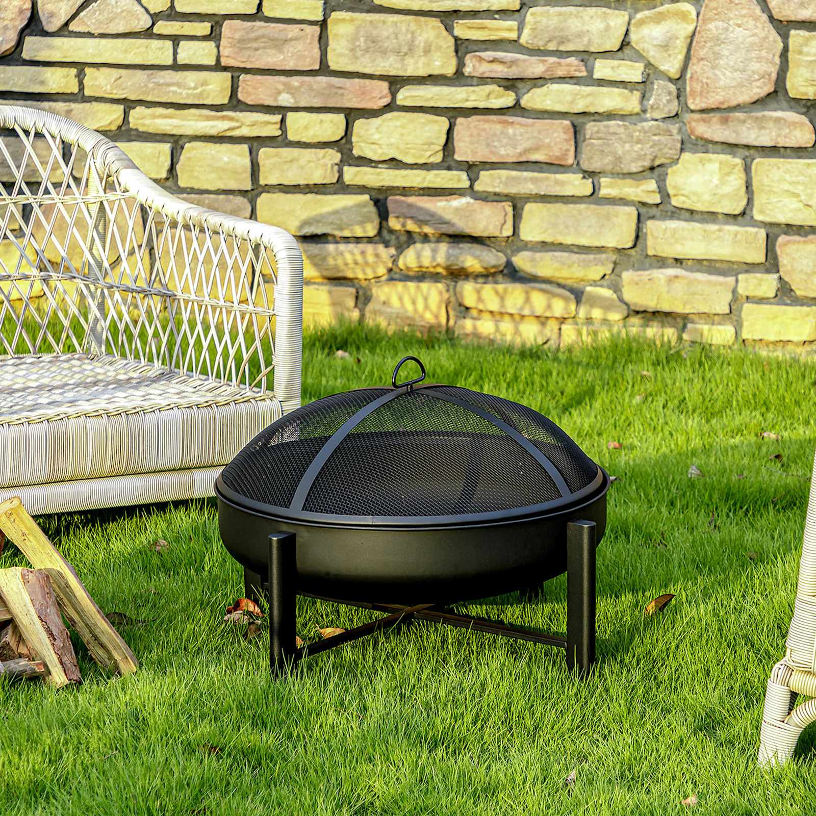 Deep Bowl Round Fire Pit Wood Grate Mesh Screen with Poker, 26" | At Home