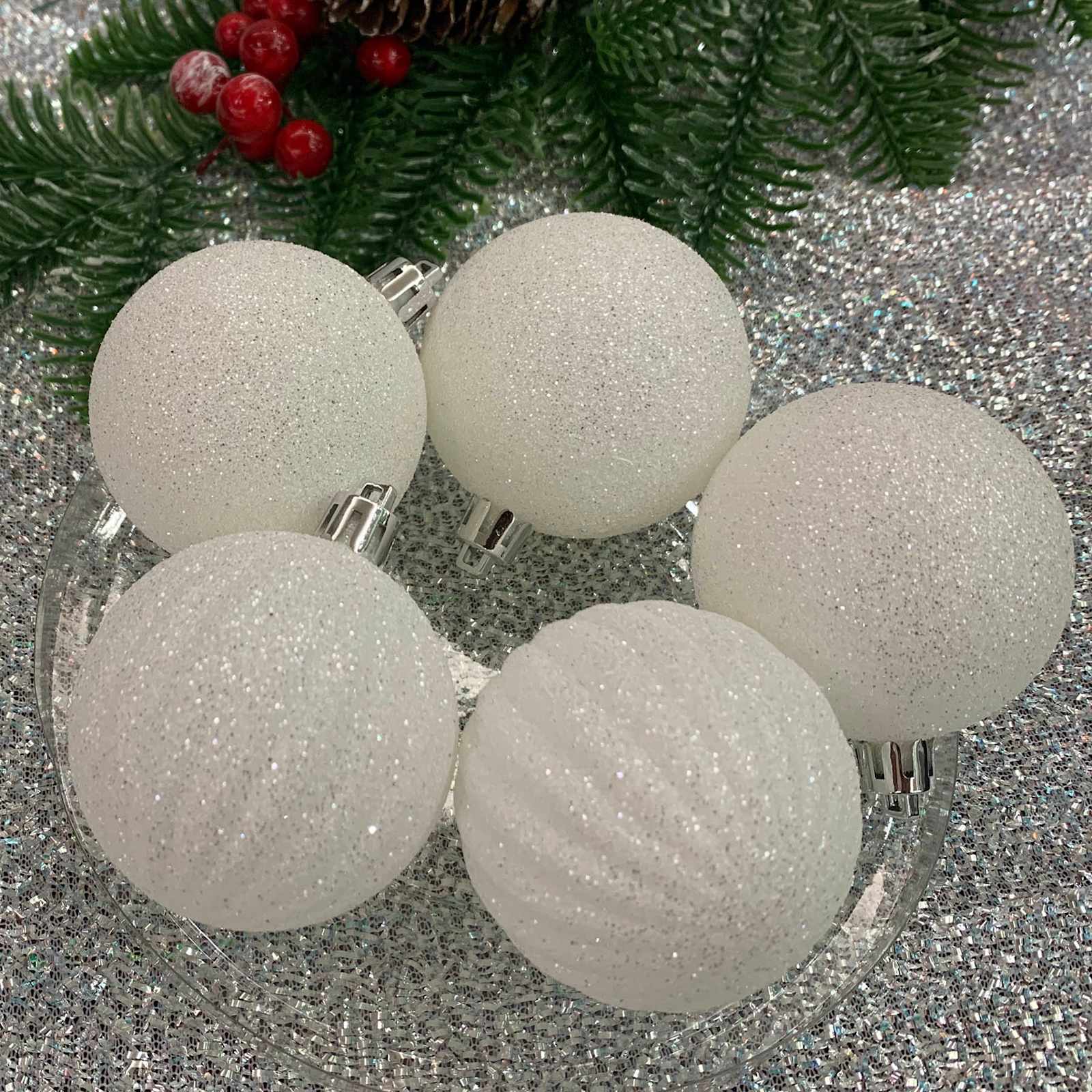 50 Count White Glittered Mix Shatterproof Ornaments | Holiday Decor ...