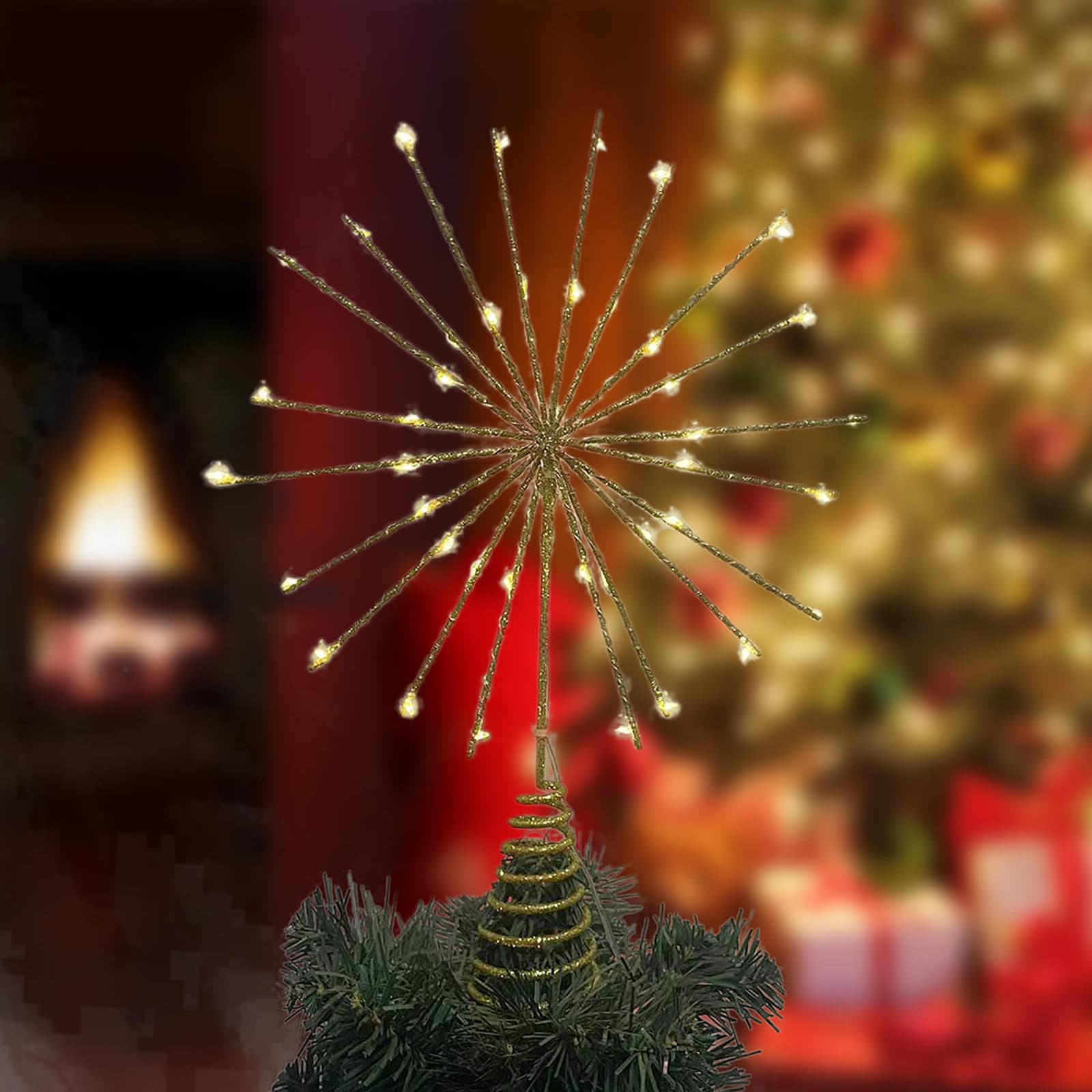 Pre-Lit Gold Metal Starburst Tree Topper 12in | Christmas Indoor ...