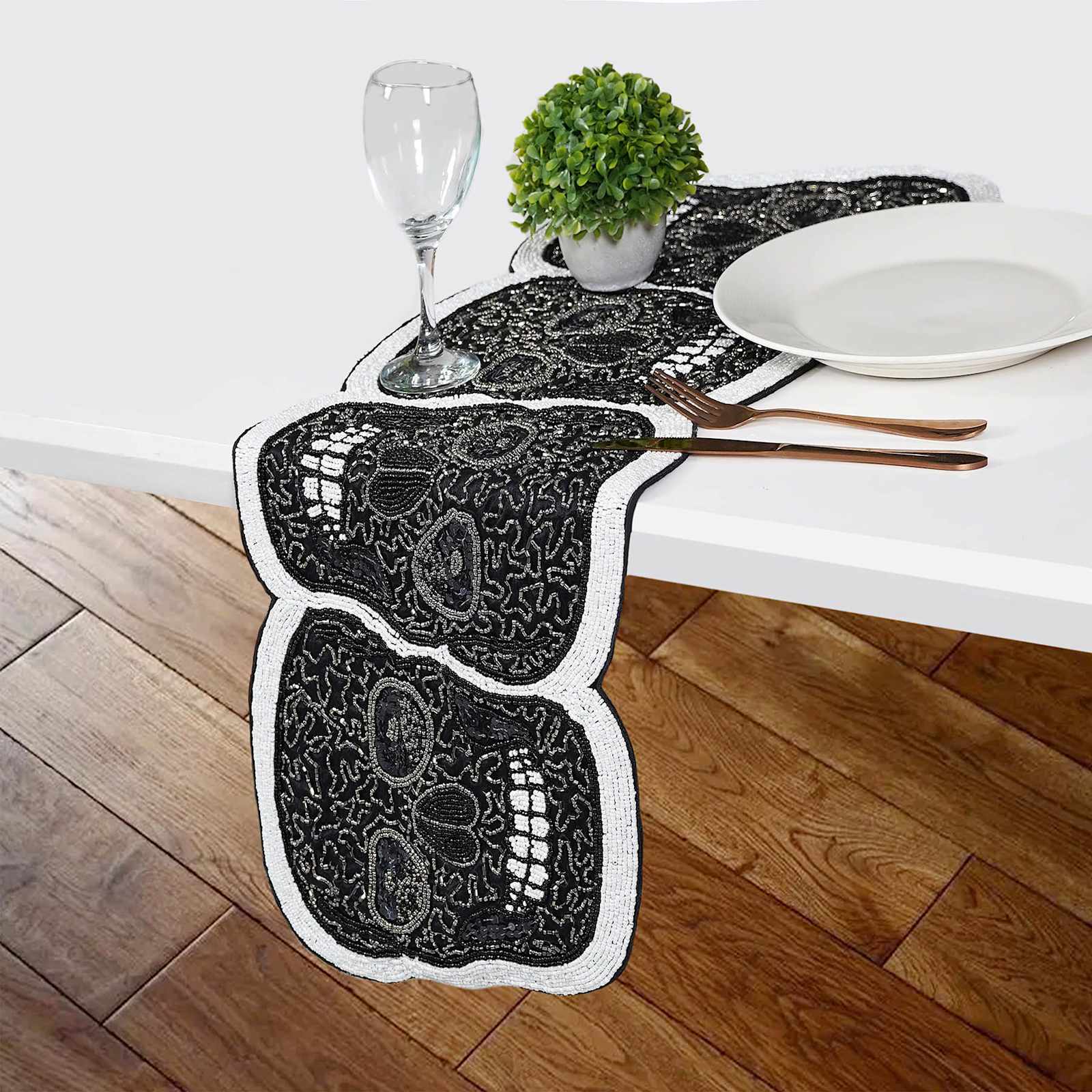 Beaded Skull Halloween Table Runner | At Home