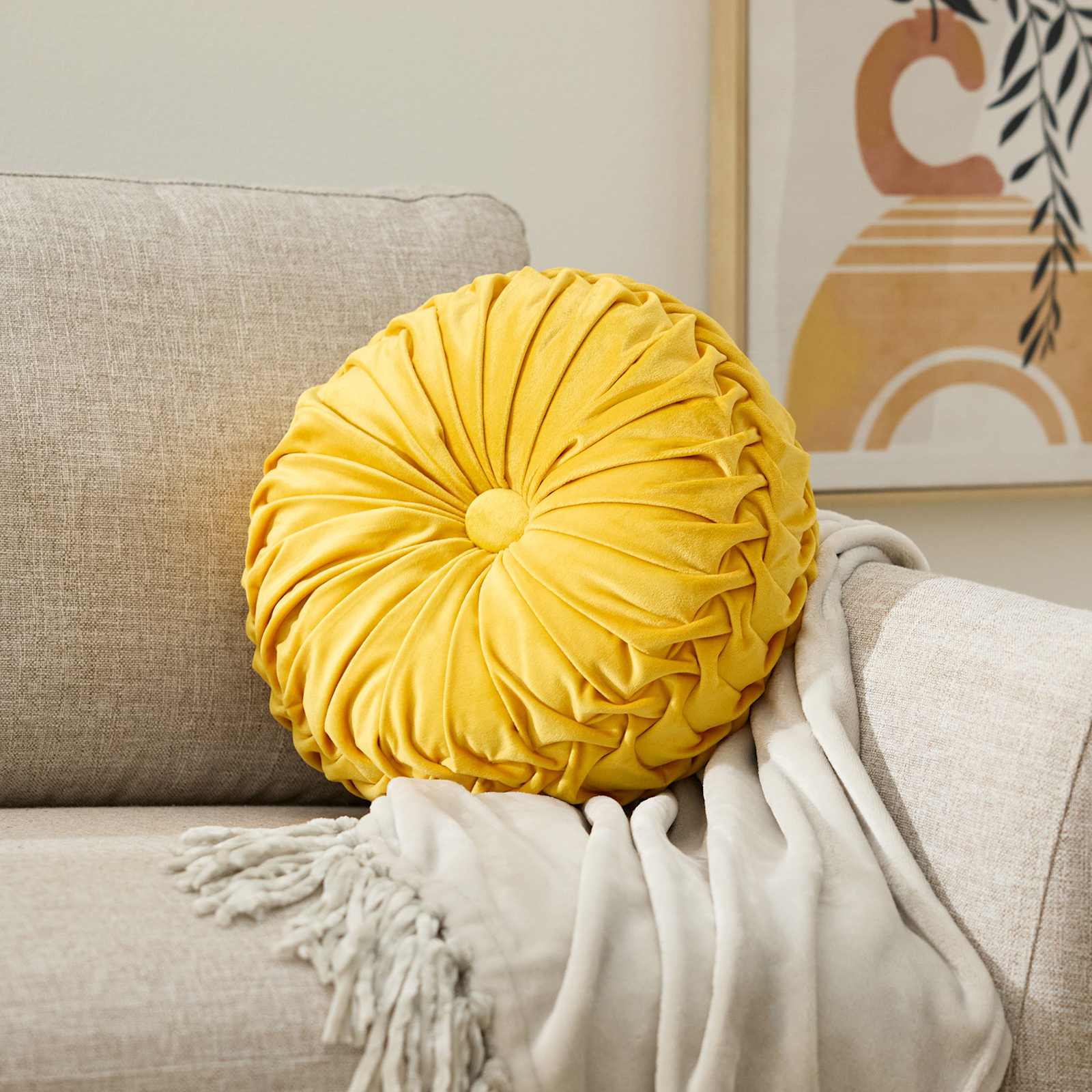 Holan Yellow Pleated Velvet Round Throw Pillow, 16"