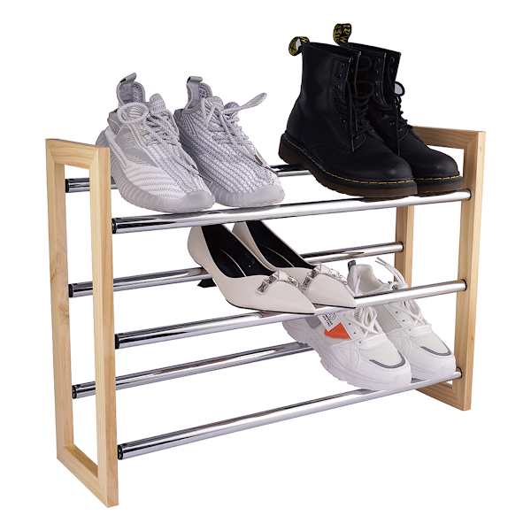 3-Tier Bamboo & Silver Expandable Shoe Rack