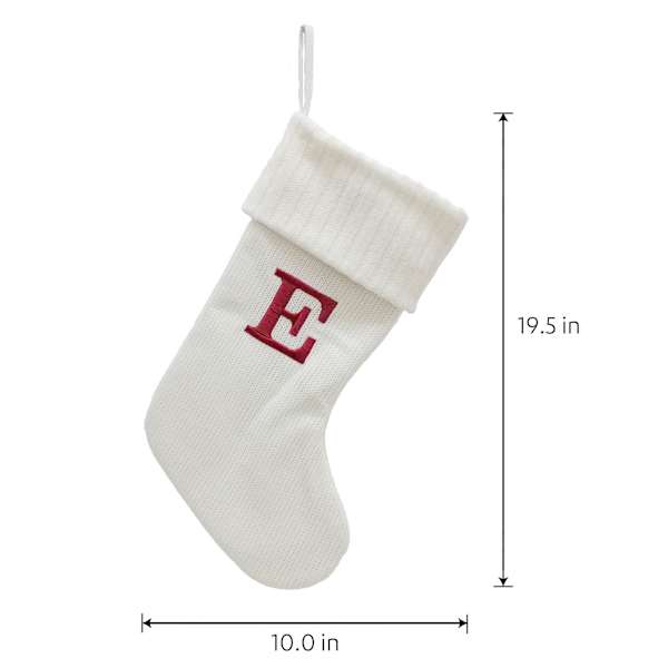 White Knit Monogram E Stocking, 19"