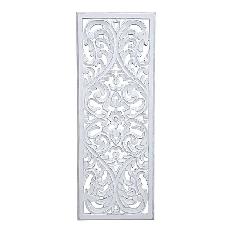 White Hand Carved Wooden Panel Baroque Wall Decor, 18x48