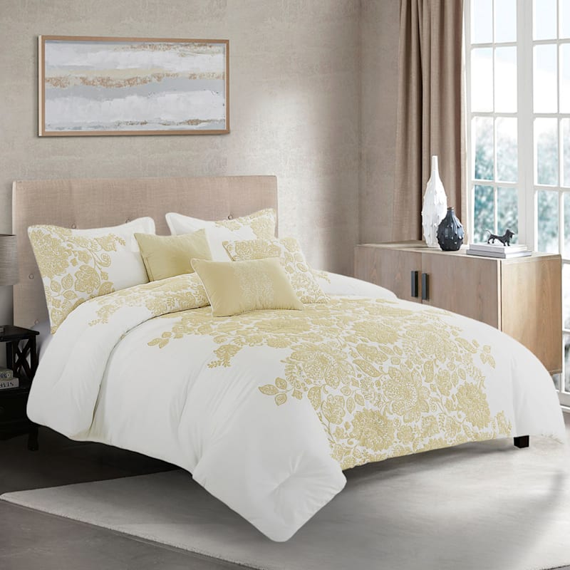 7-Piece White Floral Jacquard Comforter Set, Queen 7-Piece White Floral Jacquard Comforter Set, Queen