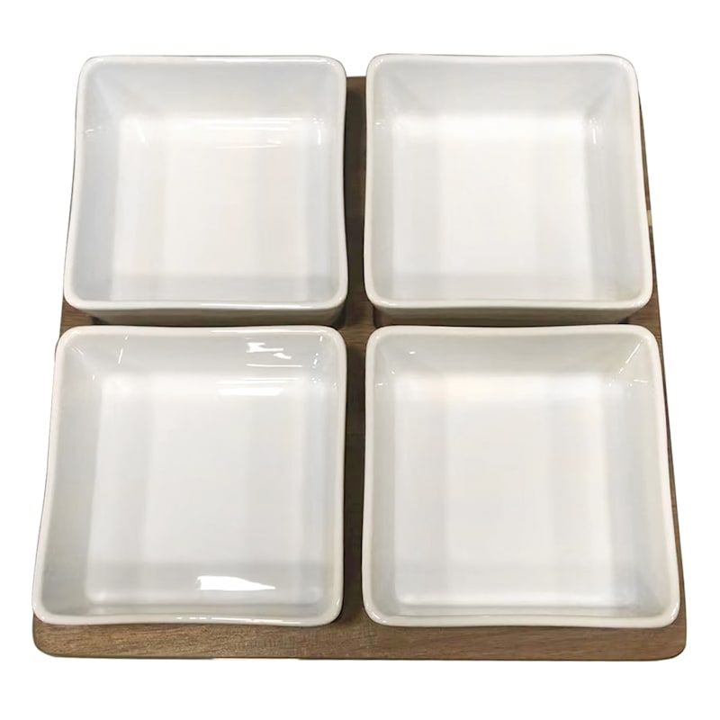 Honeybloom Square Ceramic Bowl with Wooden Tray Set