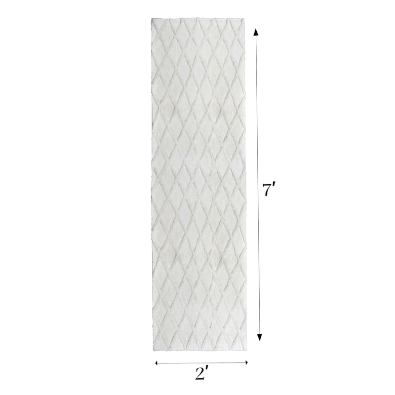 (B813) Ivory Diamond Tufted Shag Runner, 2x7