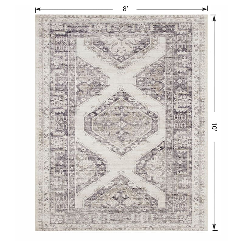 (B829) Grey & White Floral Washable Area Rug, 8x10