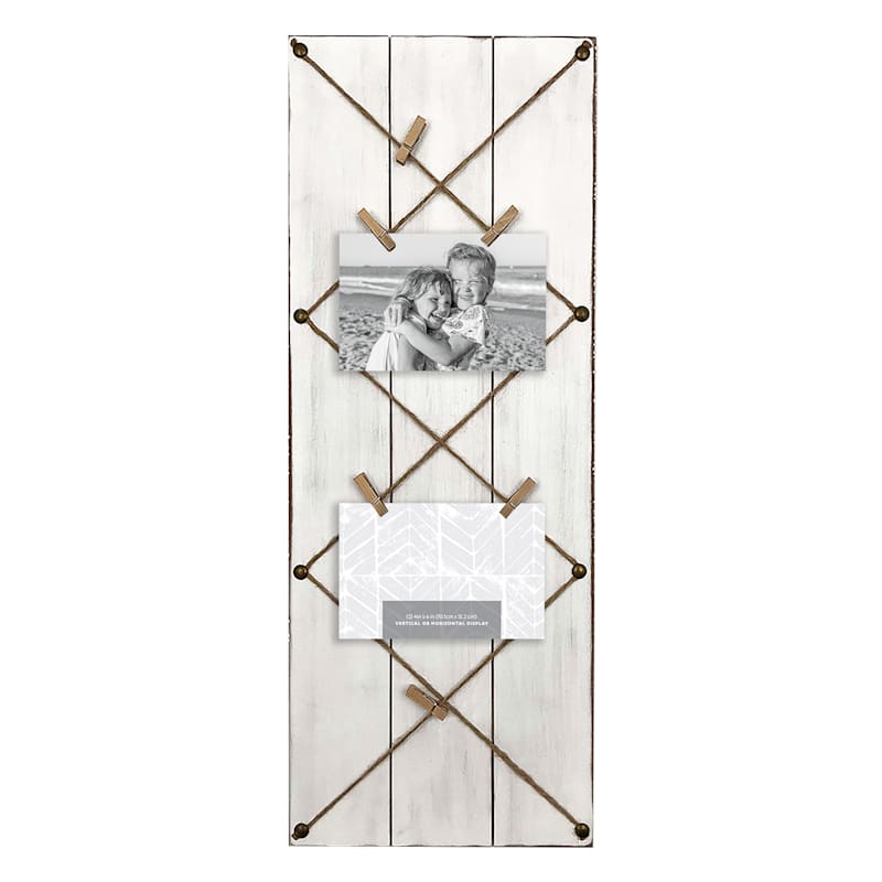 Whitewashed Plank String Collage with Clothespin Photo Clips, 10x25
