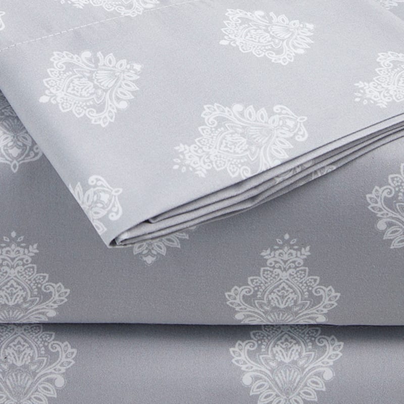 3-Piece Grey Damask Print Microfiber Essential Sheet Set, Twin
