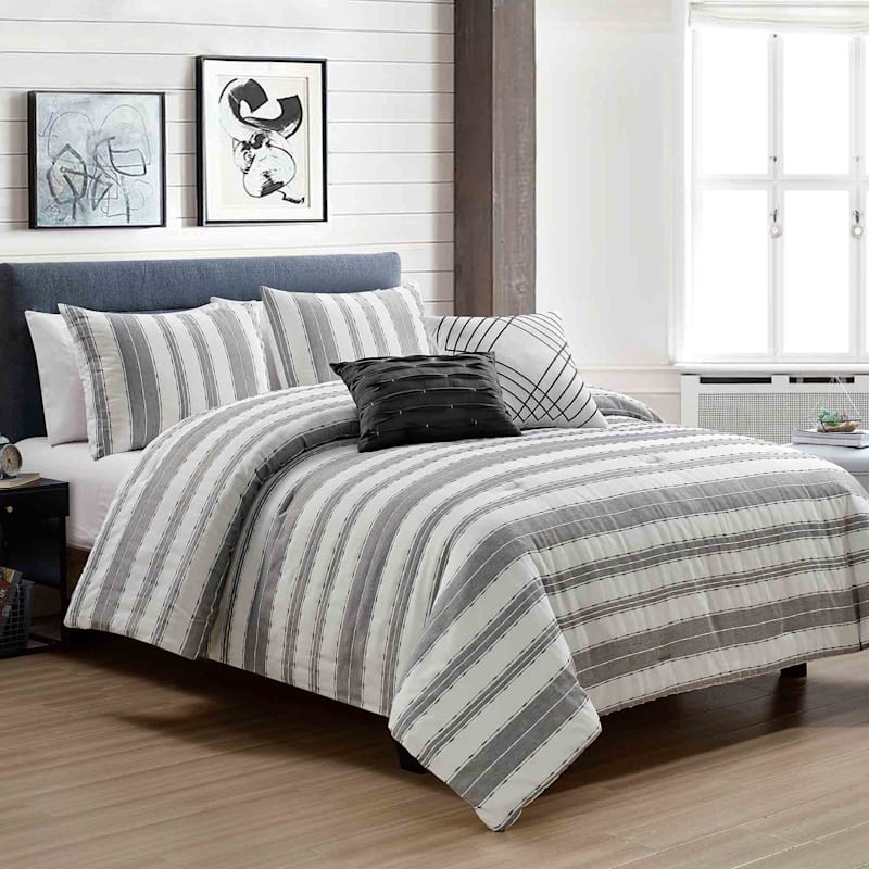 5 Piece Tucson Grey White Jacquard Striped Comforter Set Queen
