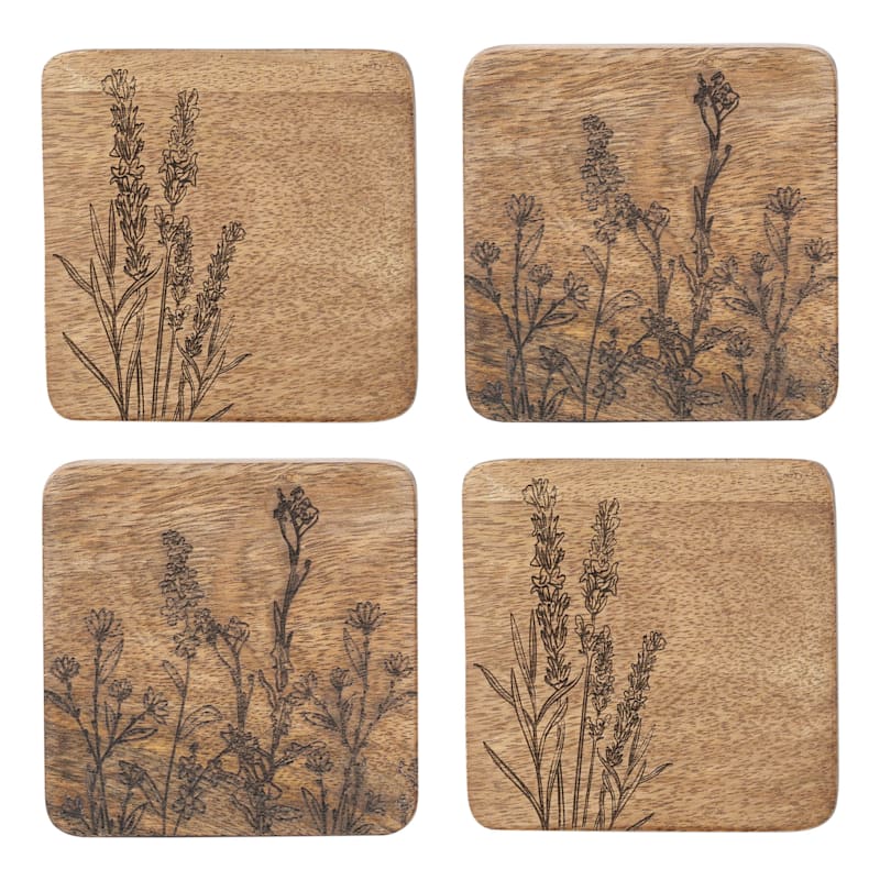 Honeybloom Set of 4 Leaf Etched Wooden Coasters