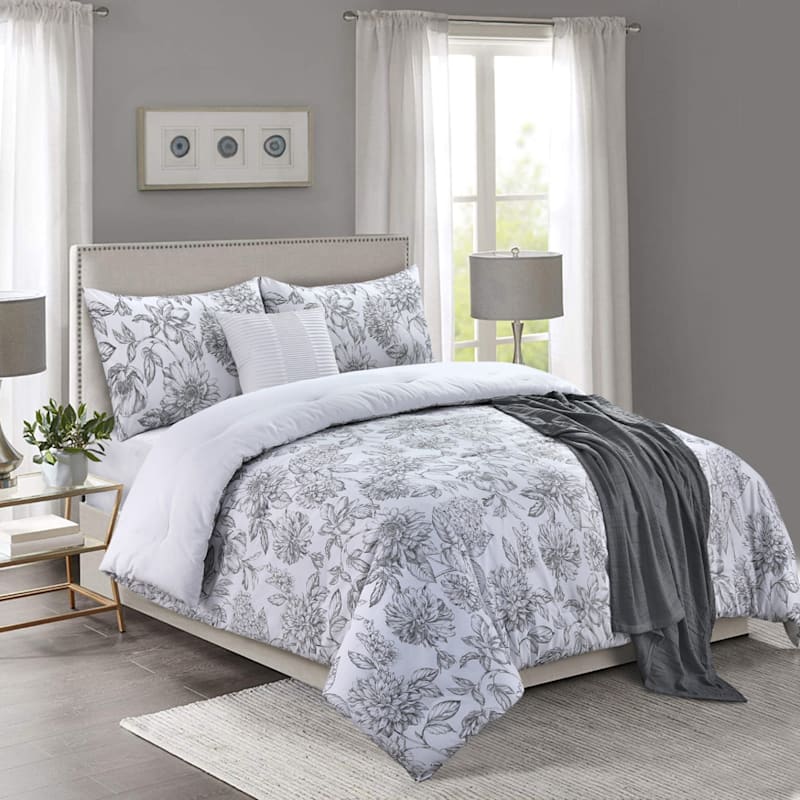 4-Piece Black & White Floral Print Comforter Set, Twin/Twin XL