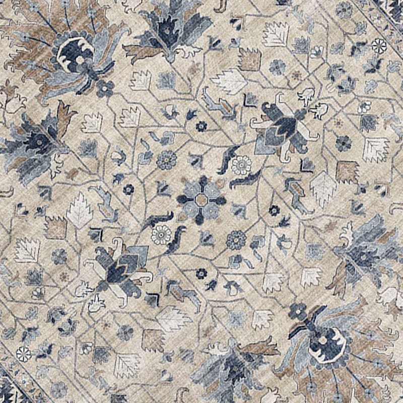 (B876) Dove Ivory & Blue Medallion Washable Accent Rug, 3x5