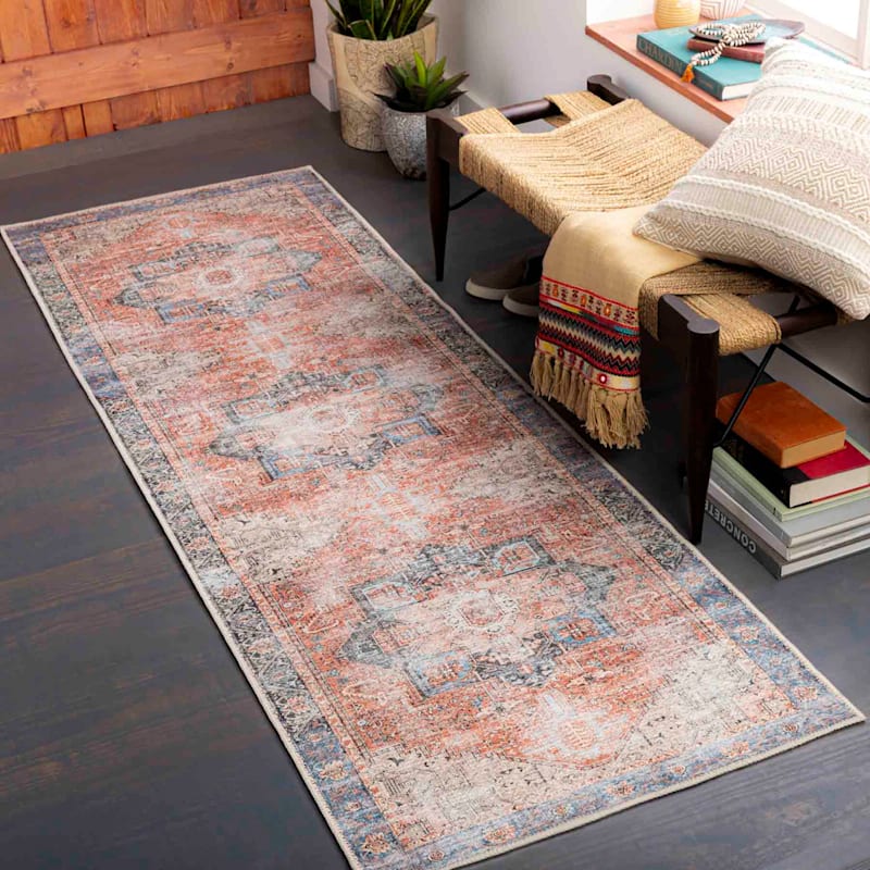 Amelie Blue and Rust Washable Runner, 2x8 | At Home